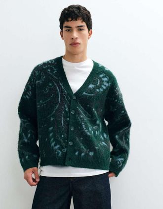 Reclaimed Vintage cardigan en maille oversize &agrave; imprim&eacute; tapisserie vert fonc&eacute;