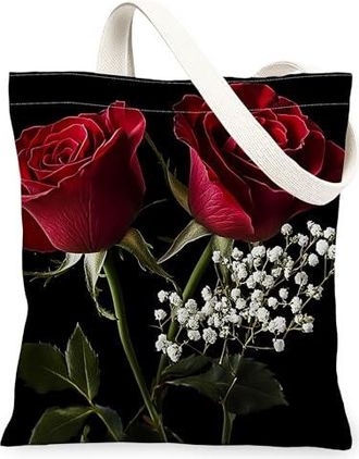 Generic Sac fourre-tout en toile pour la Saint-Valentin - Motif floral rose - 33 x 38 cm - R&eacute;utilisable - Motif floral romantique - Pour femme - D&eacute;coration de