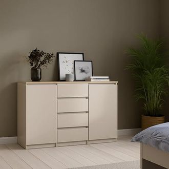 Dmora Vitrine Crodo, Wohnzimmerbuffet mit 2 T&uuml;ren und 4 Schubladen, Wohnzimmerschrank und K&uuml;chenschrank, 121x50 h91 cm, Beige