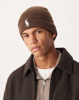 Polo Ralph Lauren Baumwoll-Strickm&uuml;tze in Braun meliert und Cremewei&szlig; mit Markenlogo-Brown