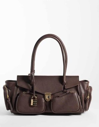 Glamorous Sac port&eacute; &eacute;paule &agrave; plusieurs poches et cadenas - Marron