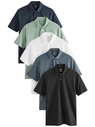 Next Homme Polo Slim en Jersey &agrave; Manches Courtes, Lot de 5 Bleu Marine/Noir/Gris/Blanc/Vert Sauvage 4XL