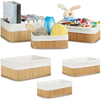 Relaxdays 12 x Regalkorb Bambus, Aufbewahrungsboxen rechteckig f&uuml;r Schrank und Schublade, ohne Deckel, Dekokorb, 3 Gr&ouml;&szlig;en, natur