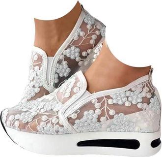 Generic Baskets orthop&eacute;diques pour femme - Broderie florale - Respirantes - Bout rond - Chaussures compens&eacute;es habill&eacute;es et d&eacute;contract&eacute;es - Chaussures de march