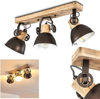 HOFSTEIN Deckenleuchte Orny, 3-flammig, mit verstellbaren Strahlern, Deckenlampe aus Metall/Holz in Schwarz/Natur, 3 x E27-Fassung, Spot im Retro/Vintage Desig