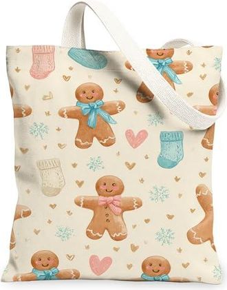 Generic Sacs fourre-tout en toile de pain d&eacute;pices, joli motif biscuits de vacances, sacs r&eacute;utilisables, r&eacute;tro, l&eacute;gers, lavables &agrave; l&eacute;paule pour T, Cr&egrave;me, 13x15