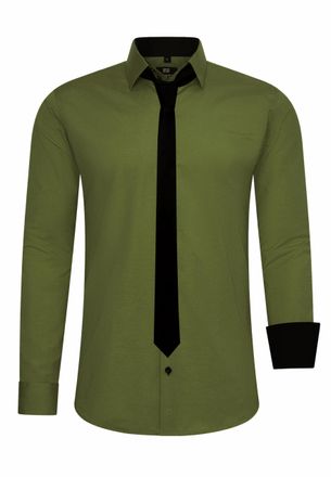 Rusty Neal Herren-Hemd Premium Slim Fit Langarm Stretch Kontrast Hemd mit Krawatte Business-Hemden Outfit Freizeithemd Set 44_99, Gr&ouml;&szlig;e:2XL, Farbe:Khaki