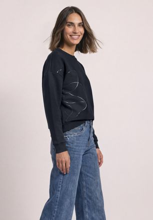 Street One Sweatshirt STREET ONE, Damen, Gr. 34, schwarz (indigo night), Sweatware, 65% Baumwolle, 35% Polyester, unifarben, comfort fit, Rundhals, B&uuml;ndchen, Swe