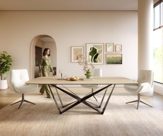 DELIFE Esstisch Edge Boot 240x120 cm Keramik Laminam Sabbia Eichefarbig Spider Flachstahl Edelstahl Graphit, Esstische