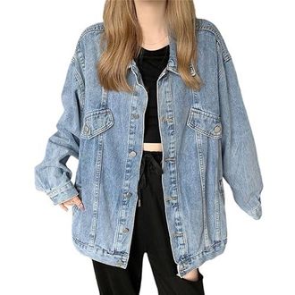 Generic Veste en jean surdimensionn&eacute;e pour femme, style boyfriend, veste en jean d&eacute;lav&eacute;, manteau d&eacute;contract&eacute;, bleu, XL