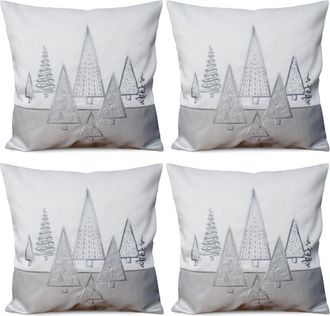 Matches 21 Kissenbezug 40x40 cm Weihnachten weiß mit Tannenbaum Silber - 4er Set Kissenhüllen als Weihnachtsdeko