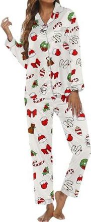 Generic Ensemble de pyjama de Noël pour femme - Joli pyjama de dessin animé - Joli Père Noël - Coupe droite - Vêtement de nuit boutonné à manches longues - Vê