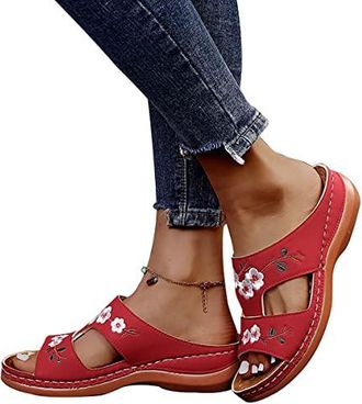 Onsoyours Sandales Compensees Femme Confortable Mules Été Plateforme Bout Ouvert Rome Chaussures Vintage Pantoufles pour Plage Vacances Slippers D Rouge 39 EU