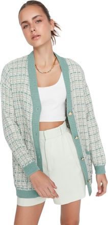 Trendyol Trendyol Damen Oversize Standard V-Ausschnitt Strickwaren Strickjacke Pullover, Grau Türkisblau, M