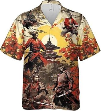 Keephen Japonais Samoura&iuml; Impression 3D Chemise Hawaiienne Femmes Hommes Motif Chat Chemise &agrave; Boutons &Eacute;t&eacute; Col &agrave; Revers Haut Streetwear