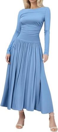 Generic Robes amincissantes 2026 pour femmes, robe maxi printemps 2025 &agrave; manches longues, col rond, tricot&eacute;e, d&eacute;contract&eacute;e, pliss&eacute;e avec poches, bleu, XXL