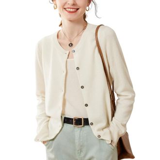 Dissa Damen Kaschmir Strickjacke Elfenbein Rundhals Langarm Cardigan Kaschmir Wolle Einfarbige Relaxed Dünner Strickjacke,42,SPR1201