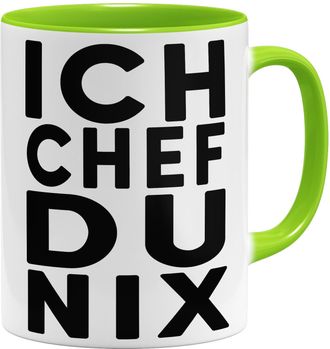 OM3 Ich Chef Du Nix Kaffee-Tasse mit Spruch - Lustige Statement Keramiktasse f&uuml;r B&uuml;ro & Alltag - Keramik Becher - 325ml - Beidseitig Bedruckt - Hellgr&uuml;n