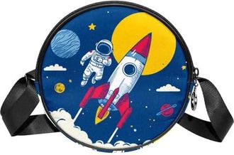 Generic Sac &agrave; bandouli&egrave;re rond pour femme, motif astronaute et fus&eacute;e de dessin anim&eacute; avec fermeture &eacute;clair et bretelles r&eacute;glables