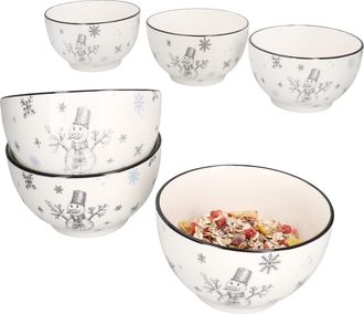 MamboCat 6er Set Olove M&uuml;slischale I 450ml I winterliche Sch&uuml;ssel aus Steingut mit Schneemann & Schneeflocken I 6 Personen I Bowl f&uuml;r Salat, Kekse & Co. I Weih