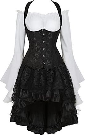 Grebrafan Steampunk Serre Taille Corsets Pirate Costume Corset Chemisier Burlesque Jupe Set (EUR(42-44) 3XL, Noir)