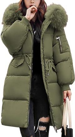 Generic Veste dhiver mi-longue matelass&eacute;e &eacute;paisse et chaude en fausse fourrure &agrave; capuche pour femme, vert militaire, XXL
