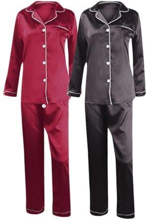 Generic Pyjama long pour femme avec boutonni&egrave;re - 2 pi&egrave;ces - Manches longues - Doux et confortable - Ensemble pyjama &agrave; revers - Couleur unie - Avec poches - V