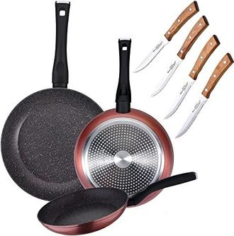 San Ignacio PACKUNG MIT 3 PFANNEN Ø20/24 UND 28 CM + SET MIT 4 STÜCK STEAKMESSER