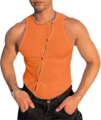 ORANDESIGNE D&eacute;bardeur Hommes Sexy en Maille sans Manches Transparent Tee-Shirt Bodybuilding &Eacute;lastique Chemise Plage d&Eacute;t&eacute; Casual Club Top T-Shirt de Sport D Orange