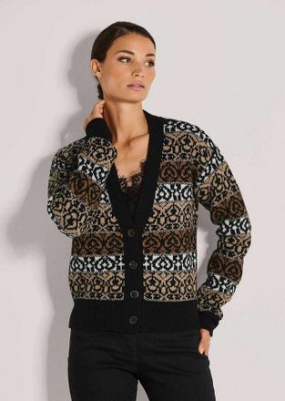 Madeleine Strickjacke Luxuri&ouml;se Jacquard-Strickjacke mit V-Ausschnitt Elegante Kurzjacke mit Knopfleiste und Langarm
