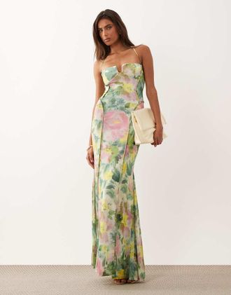 Asos Robe longue effet sculptant en tulle imprim&eacute; fleuri avec bonnets pr&eacute;form&eacute;s et coutures apparentes - Vert-multicolore