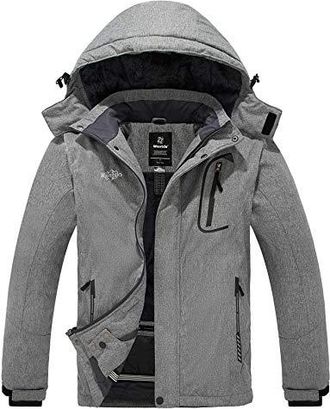 Wantdo Homme Manteau dhiver Chaud Veste de Snowboard avec Doublure Veste Imperméable pour Voyage Travail Veste Isolée avec Capuche Amovible Gris M