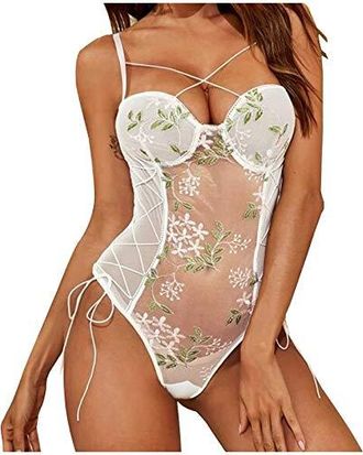 Generic Tenue Sexy Dentelle Croix Bretelles &Agrave; Lacets Body sous-V&ecirc;tements (White S) Nuisette Bodys Femme Deshabille &Eacute;rotique Combinaisons Noel Robe Libertine C