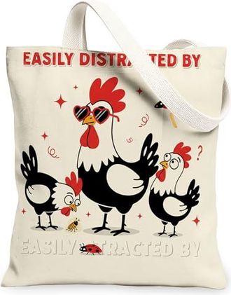 Generic Sacs fourre-tout amusants en toile avec motif de poulet, sacs d&eacute;picerie r&eacute;utilisables, l&eacute;gers et lavables en toile pour Sho, beige, 13x15 Inch