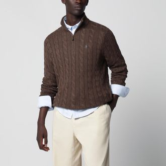 Polo Ralph Lauren Brauner Baumwollpullover mit Viertelrei&szlig;verschluss