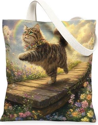 Generic Sac fourre-tout en toile motif chat sib&eacute;rien printanier, 33 x 38,1 cm, sac d&eacute;picerie r&eacute;utilisable pour femme, motif floral, plage, esth&eacute;tique, peintur