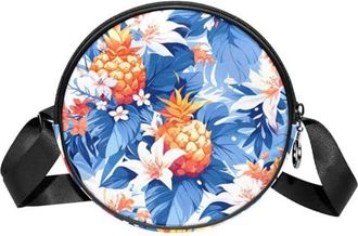 Generic Sac &agrave; bandouli&egrave;re rond pour femme, motif fleurs dananas avec fermeture &eacute;clair, bretelles r&eacute;glables, sac &agrave; main rond d&eacute;contract&eacute; pour femmes et filles