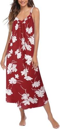 Ekouaer Chemise de Nuit Longues Femme sans Manches Vêtements de Nuit Col en V Lingerie Doux Robe de Nuit Grande Taille, Fleur Rouge, S