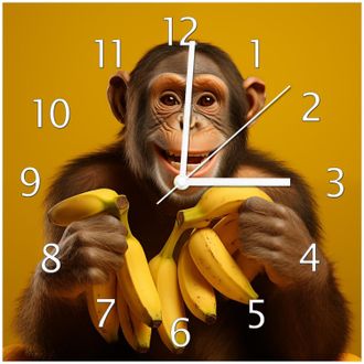 Wallario Design-Wanduhr Glücklicher Bananenfan aus Glas, Motiv-Uhr Größe 30 x 30 cm, weiße Zeiger