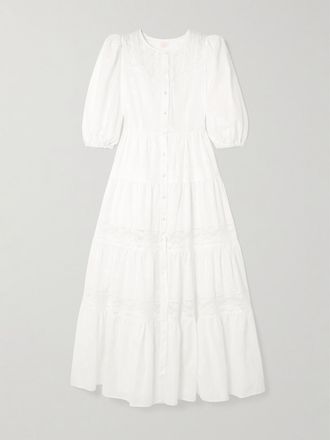 Loretta Caponi Poppi Maxikleid Aus Baumwolle Mit Lochstickerei, Raffungen Und Spitzeneinsätzen - Weiß