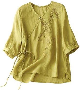 Generic T-shirt d&eacute;t&eacute; en lin pour femme avec broderie en V, boutonni&egrave;re asym&eacute;trique, pull fin, ample &agrave; manches courtes, jaune, XXL