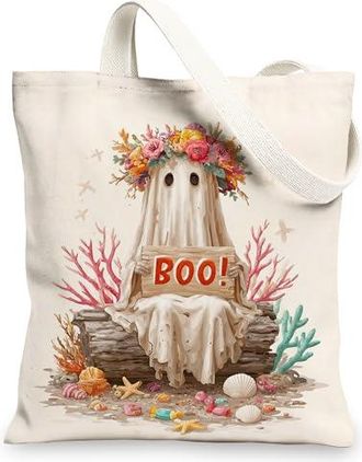 Generic Sac fourre-tout en toile motif fantôme, motif esprit, respectueux de lenvironnement, réutilisable, style plage corail fantaisie, blanc, 13x15 Inch