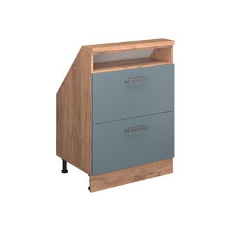 Vicco Küchenschrank für Dachschrägen R-Line, Blau-Grau/Goldkraft Eiche, 60 cm mit 2 Schubladen