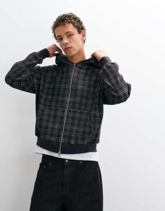 Cotton On Kapuzenjacke mit Rei&szlig;verschluss in schwarz-braun kariert-Multi