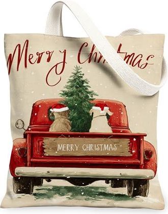 Generic Sacs fourre-tout vintage en toile motif sapin de No&euml;l, sacs d&eacute;picerie r&eacute;utilisables, festifs, l&eacute;gers et lavables, Rouge, 13x15 Inch