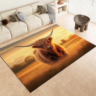 Generic Tapis dintérieur Jaune Tapis Impression en 3D Motif Champ Animal Bovin des Highlands Tapis décor à la Maison Chambre Cuisine Salon Tapis de Sol pailla