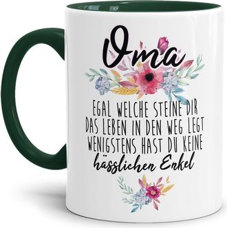 Tassendruck Tasse mit Spruch Oma - Wenigstens hast du keine hässlichen Enkelkinder - Geschenk-Idee/Witzig/Enkeltochter/Enkelsohn/Innen & Henkel Dunkelgrün
