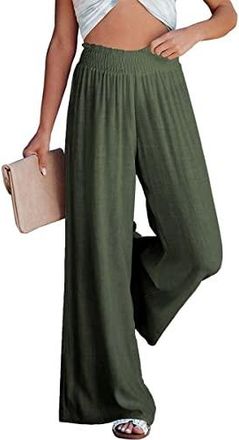 Onsoyours Pantalon Femme Lin Taille Haute Léger Elastique Pantalon Large Femme Chic Et Elegant Pantalon Fluide Décontractée Couleur Unie Pants B Armée Verte 3XL