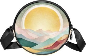 Generic Petit sac &agrave; bandouli&egrave;re rond pour femme, motif montagnes, coucher de soleil, sac &agrave; dos avec fermeture &eacute;clair, bretelles r&eacute;glables, sac &agrave; main rond d&eacute;c