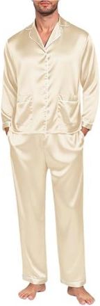 Generic Pyjama de Noël assorti à manches longues en satin de soie - Coupe ample et confortable - Chemise boutonnée et pantalon de pyjama, beige, L